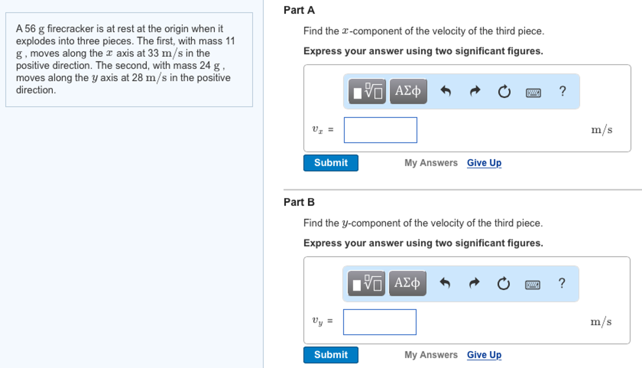 Solved A 56 g firecracker is at rest at the origin when it | Chegg.com