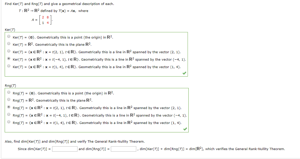 Solved Find Ker(T and Rng(T) and give a geometrical | Chegg.com