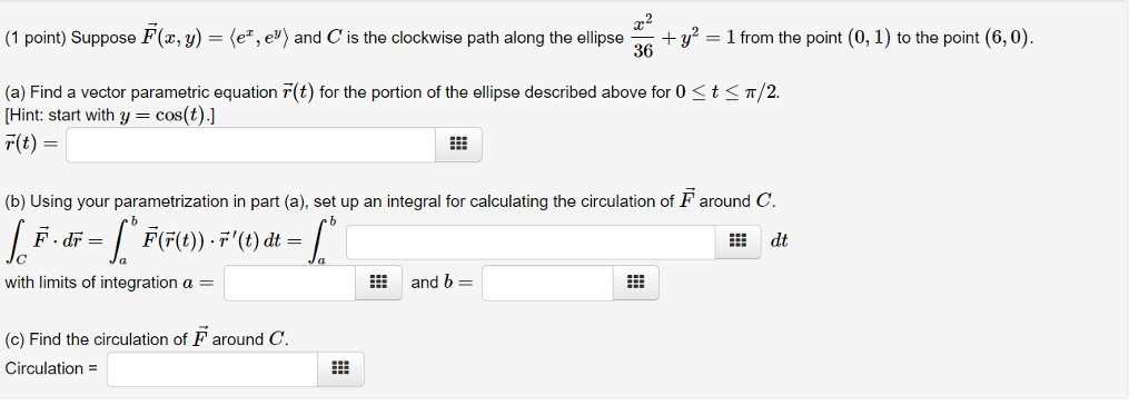 Solved (1 point) Suppose F(x, y) (ez, e") and C is the | Chegg.com