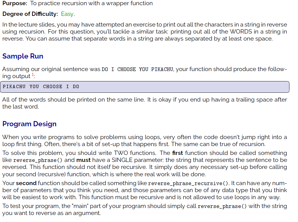 Solved Purpose: To practice recursion with a wrapper | Chegg.com
