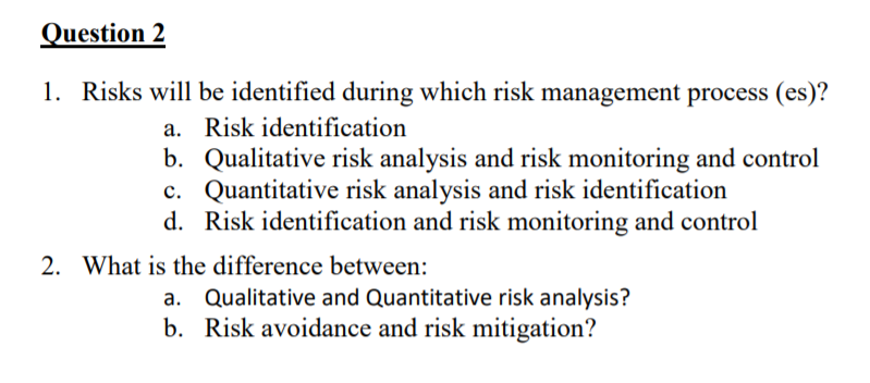 Solved Question 2 1. Risks will be identified during which | Chegg.com
