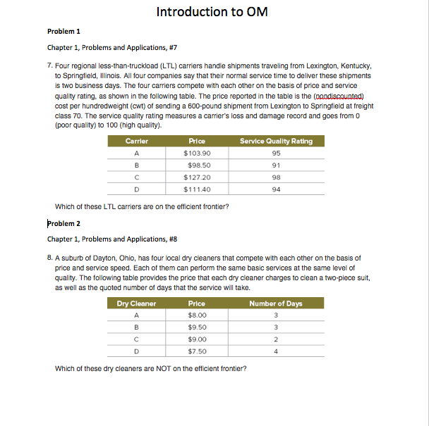 Solved Introduction to OM Problem 1 Chapter 1, Problems and | Chegg.com
