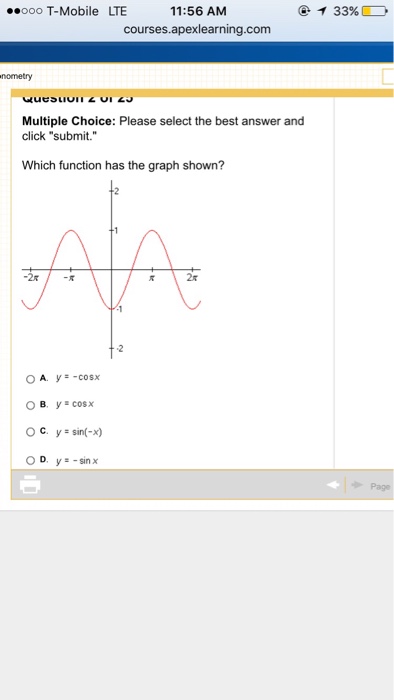 Solved Which function has the graph shown? A. y = -cosx B. | Chegg.com
