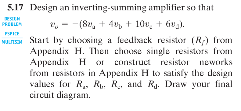 Solved 5.17 Design an inverting-summing amplifier so that | Chegg.com