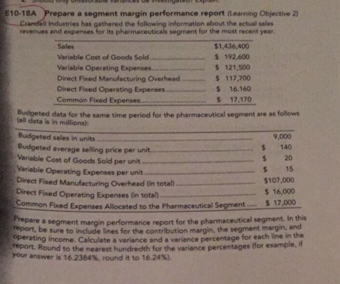 Solved Prepare a segment margin performance report Learning | Chegg.com