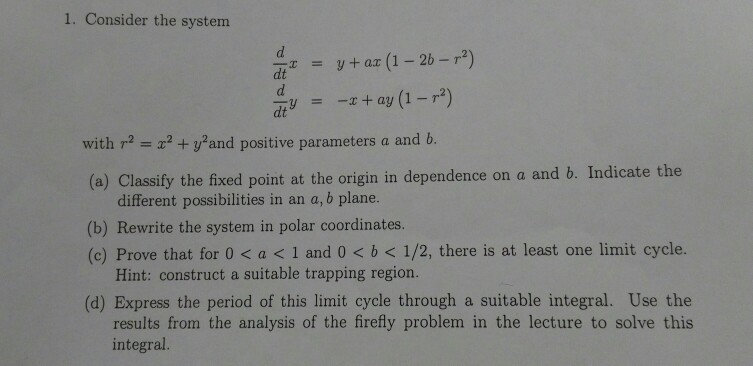 Solved 1. Consider the system y+ax (1-2)-r2) = dix with | Chegg.com