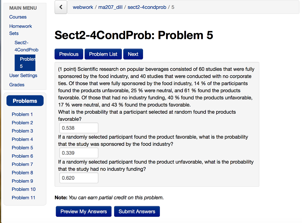 Solved Kwebwork/ma207_dill sect2-4condprob / 5 MAIN MENU | Chegg.com