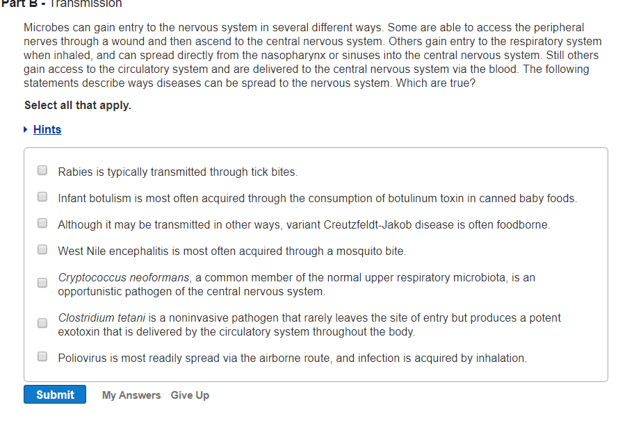 Solved Microbes can gain entry to the nervous system in | Chegg.com