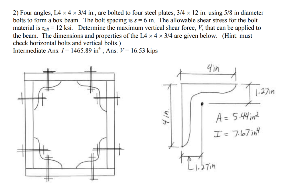 Solved Four angles, L4 times 4 times 3/4 in., are bolted to | Chegg.com