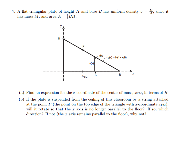 Solved A flat triangular plate of height H and base B has | Chegg.com