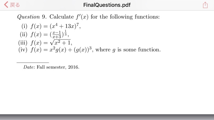 Solved Calculate f'(x) for the following functions: f(x) = | Chegg.com