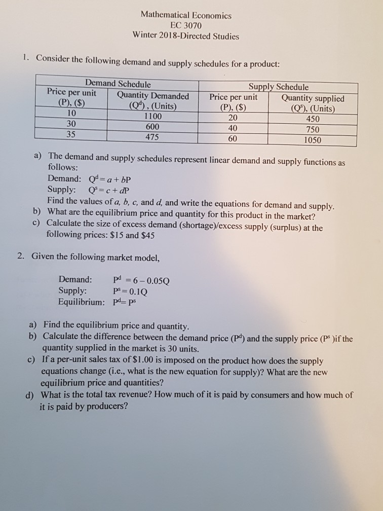 Solved Mathematical Economics EC 3070 Winter 2018-Directed | Chegg.com