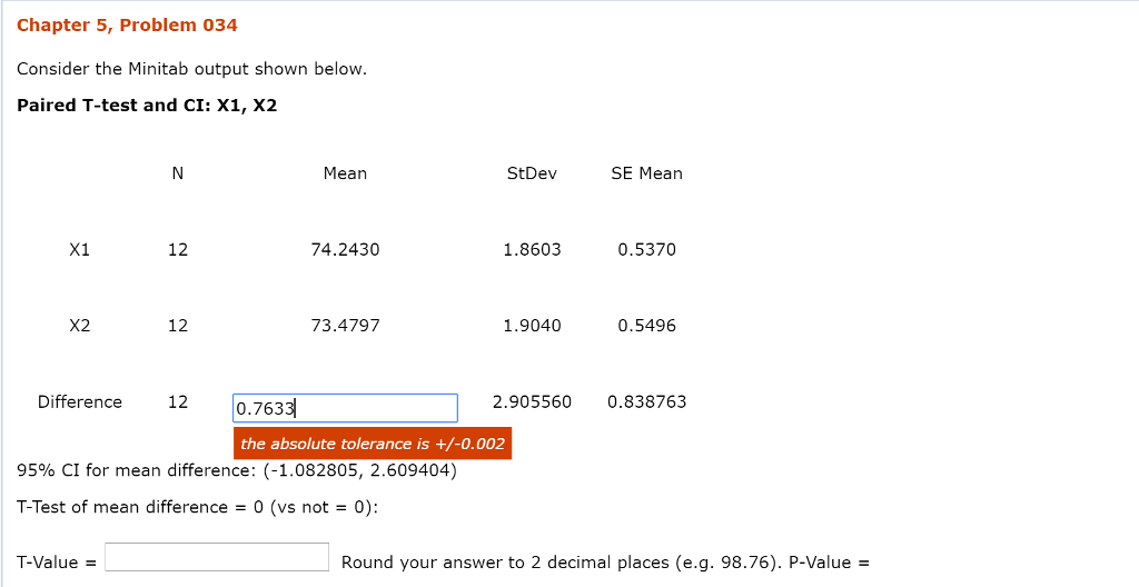Solved Chapter 5, Problem 034 Consider the Minitab output | Chegg.com