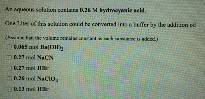 Solved An aqueous solution contains 0.26 M hydrocyanic acid. | Chegg.com