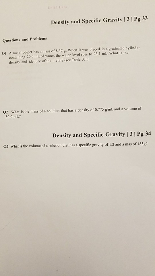 Solved Unit 1 Labs Density and Specific Gravity | 3 | Pg 31 | Chegg.com
