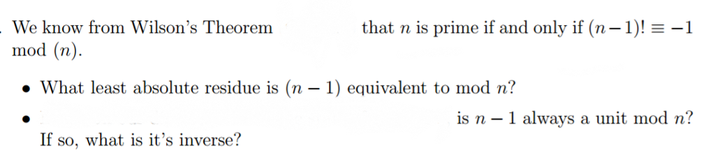 Solved We know from Wilson's Theorem that n is prime if and | Chegg.com