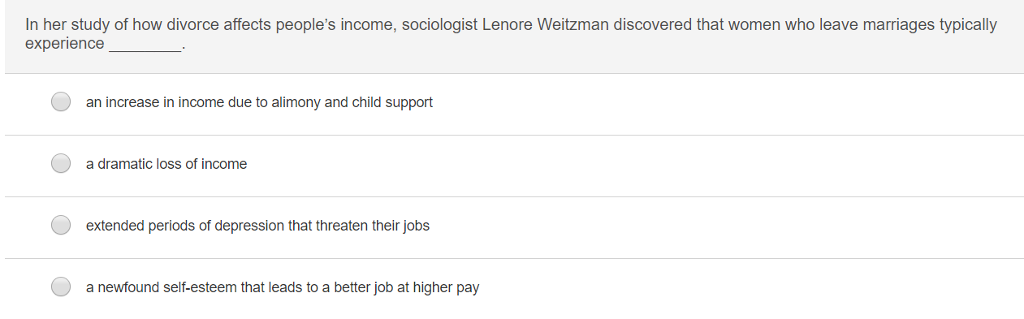 Solved In her study of how divorce affects people's income, | Chegg.com