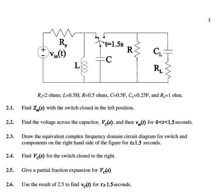 Rs=2 ohms; L=0.5H; R=0.5 ohms, C=0.5F, CL=0.25F, and | Chegg.com