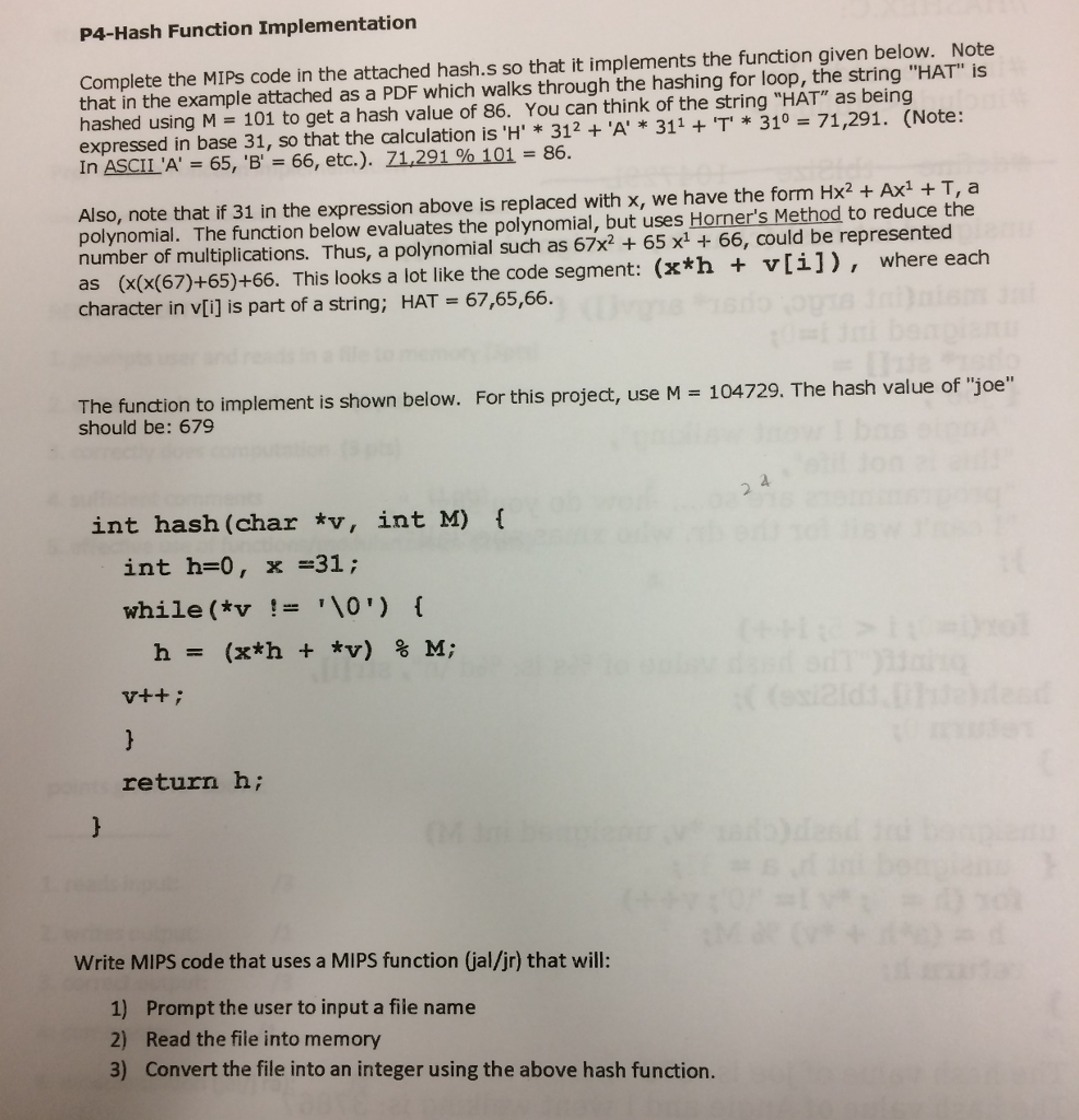 Solved Complete the MIPs code in the attached hash.s so that | Chegg.com