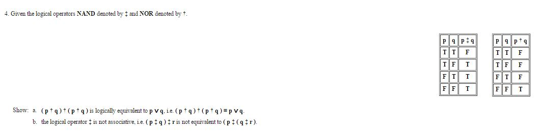 Solved 4. Given the logical operators NAND denoted by and | Chegg.com