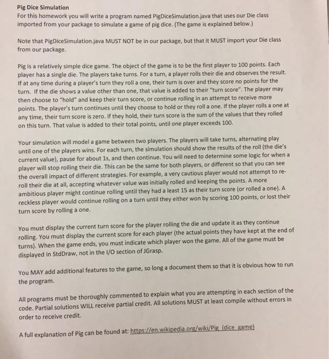 Solved Pig Dice Simulation For this homework you will write | Chegg.com