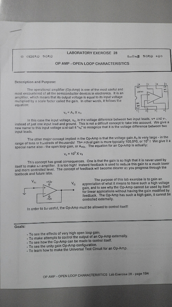 Solved EXPERIMENT OP AMP - OPEN LOOP CHARACTERISTICS Help | Chegg.com