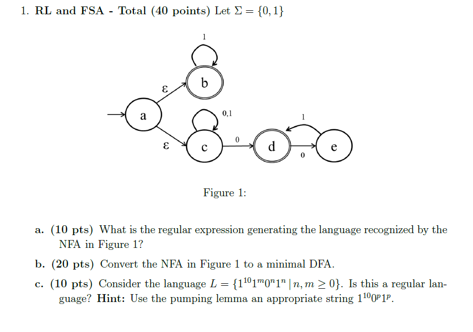 Solved 1. RL and FSA-Total (40 points) Let ? = {0,1} 0,1 | Chegg.com