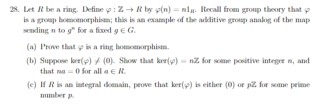 Solved 28. Let R be a ring. Define p : Z → R by y(n)-n111. | Chegg.com