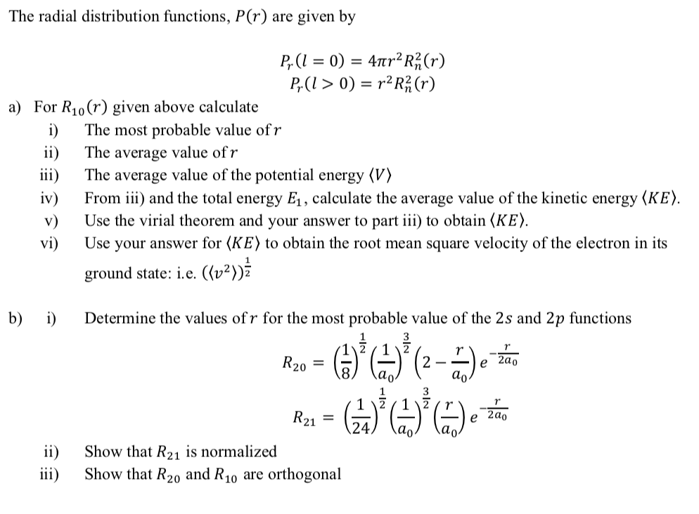 Solved The Radial Distribution Functions P R Are Given By