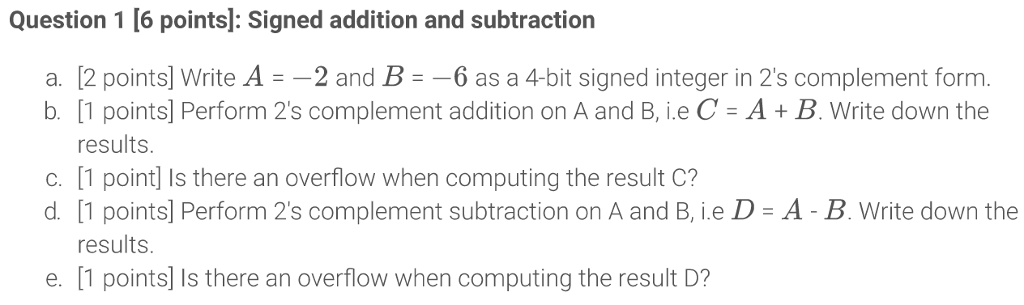 Solved Question 1 [6 pointsl: Signed addition and | Chegg.com