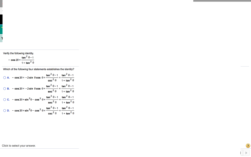 Solved Verify the following identity. -cos 2 theta = tan^2 | Chegg.com