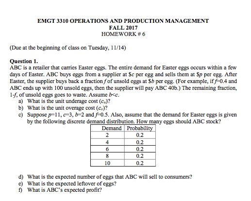 Solved EMGT 3310 OPERATIONS AND PRODUCTION MANAGEMENT FALL | Chegg.com