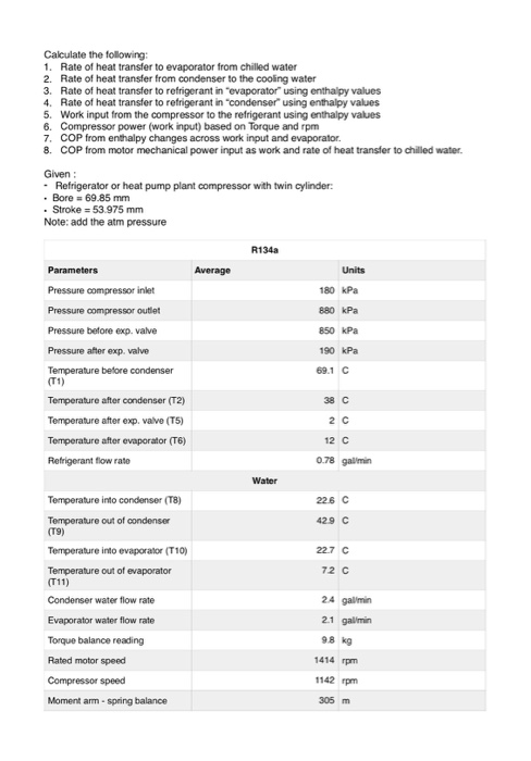 Calculate the following parameters (Refrigeration and | Chegg.com