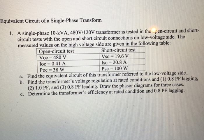 Solved Equivalent Circuit of a Single-Phase Transform A | Chegg.com