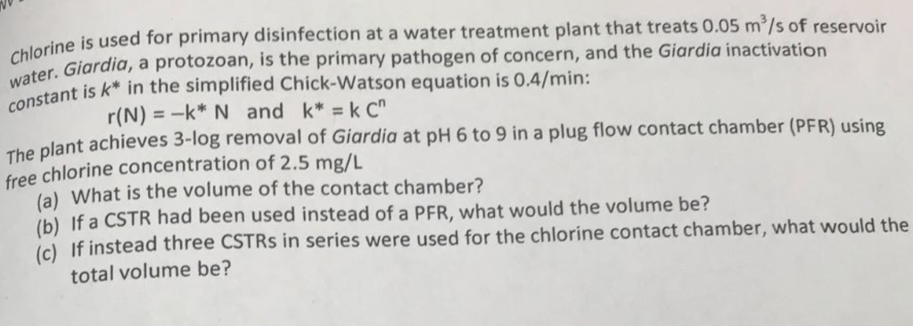Solved Chlorine is used for primary disinfection at a water | Chegg.com