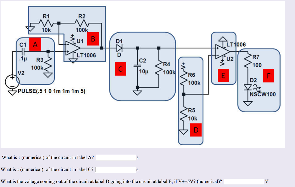 Solved R1 R2 10k 100 D1 LT1006 C1 LT1006 R7 1H R3 U2 C2 R4 | Chegg.com