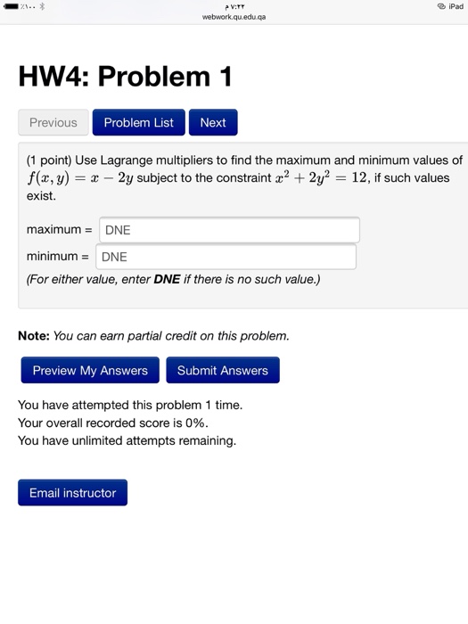 Solved iPad webwork quedu/ga HW4: Problem 1 Previous Problem | Chegg.com