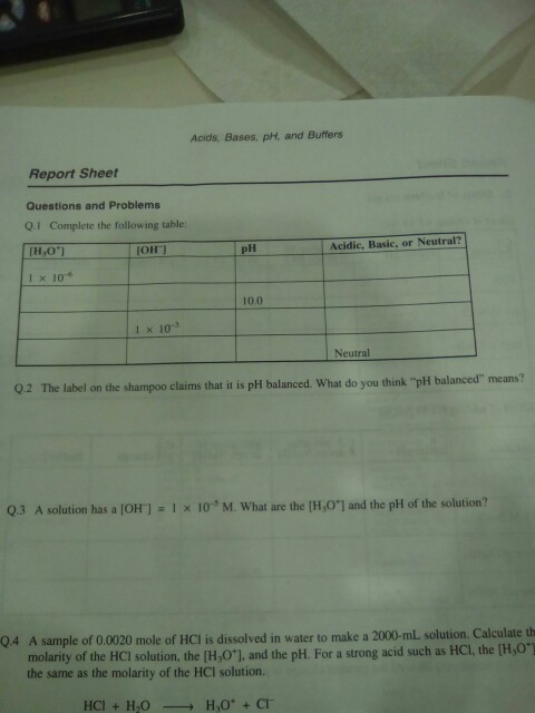 Solved Acids, Bases, pH, and Buffers Report Sheet Questions | Chegg.com