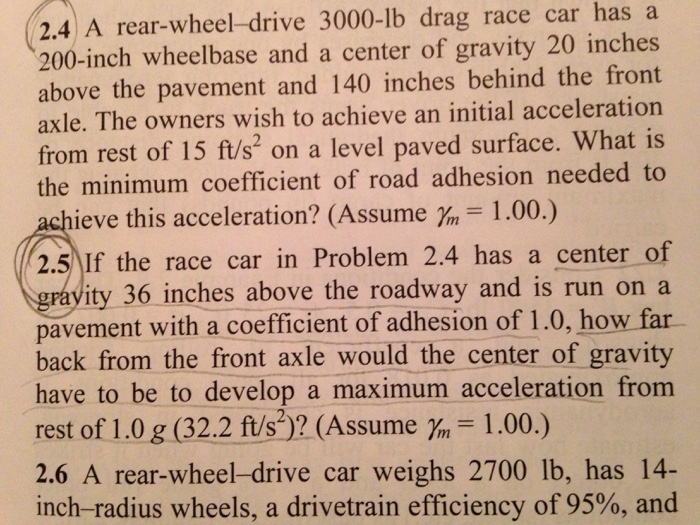 Solved 2.4 A rear-wheel-drive 3000-lb drag race car has a | Chegg.com