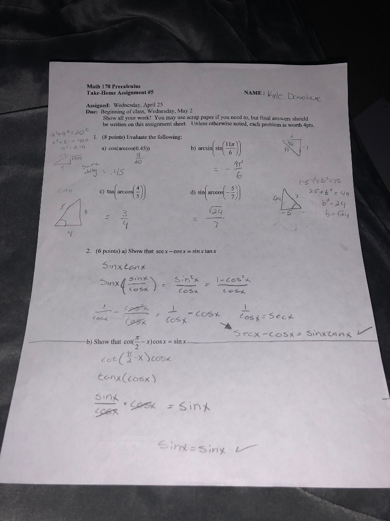 Solved Math 170 Precalculus Take-Home Assignment #5 NAME: | Chegg.com