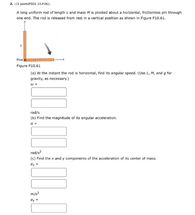 Solved A long uniform rod of length L and mass M is pivoted | Chegg.com