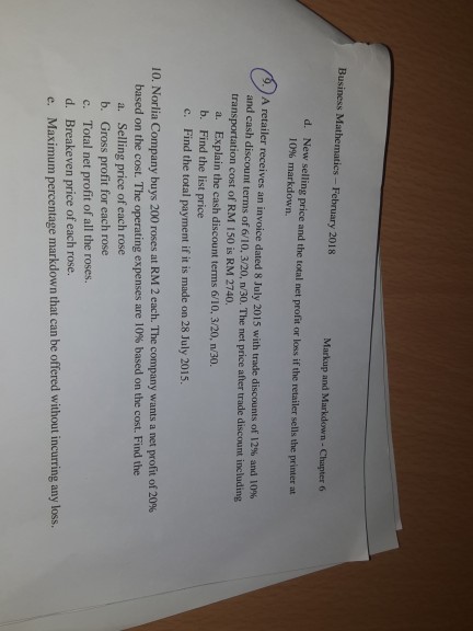 Solved Business Mathematics - February 2018 Markup and | Chegg.com