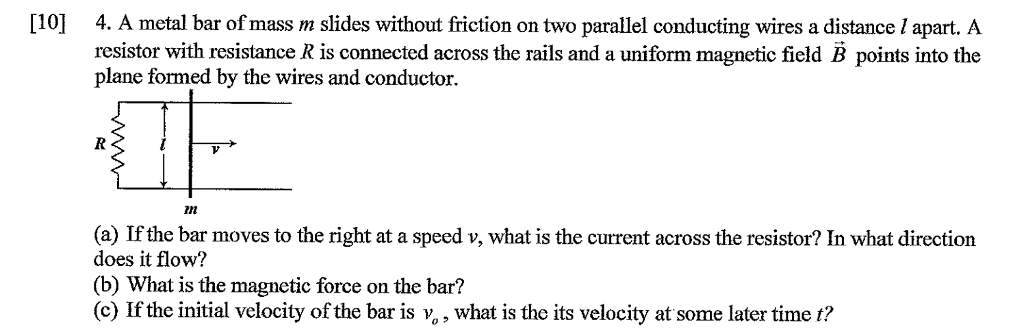 Solved 4. A metal bar of mass m slides without friction on | Chegg.com