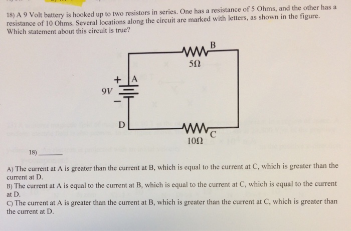 Solved A 9 Volt battery is hooked up to two resistors in | Chegg.com