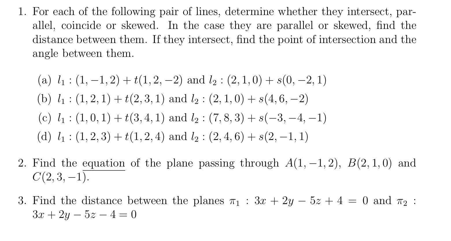 1. For each of the following pair of lines, determine | Chegg.com