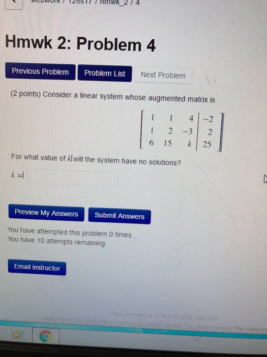 Solved Consider a linear system whose augmented matrix is | Chegg.com