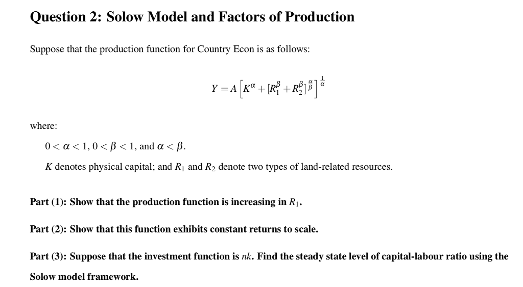 Question 2: Solow Model and Factors of Production | Chegg.com