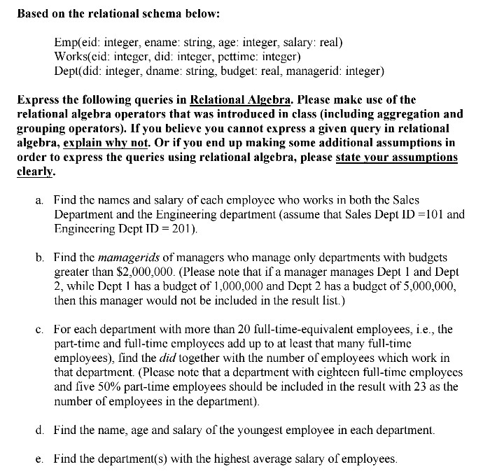 Solved Based on the relational schcma bclow: Emp(eid: | Chegg.com