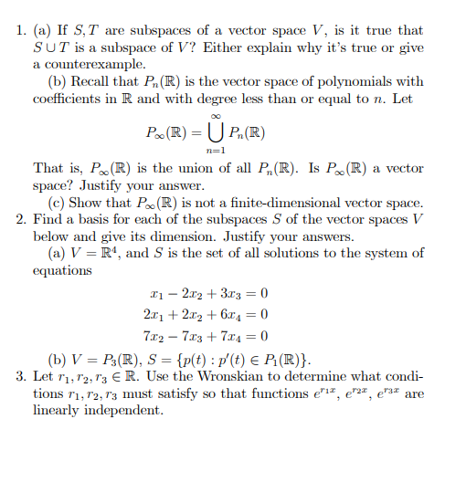 Solved 1. (a) If S, T are subspaces of a vector space V, is | Chegg.com