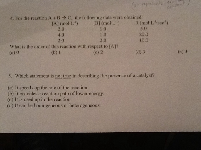 Solved For the reaction A + B rightarrow C the following | Chegg.com